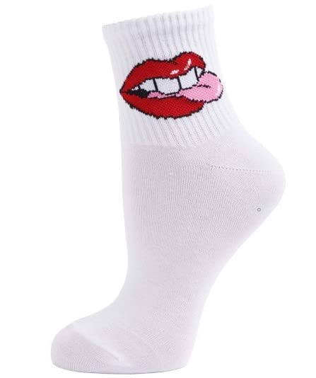 ESOMOON 5 pairs Socks with Lips Mid Calf White Cotton Socks High Ankle Lightweight Breathable Red Kiss Socks Size 6-9