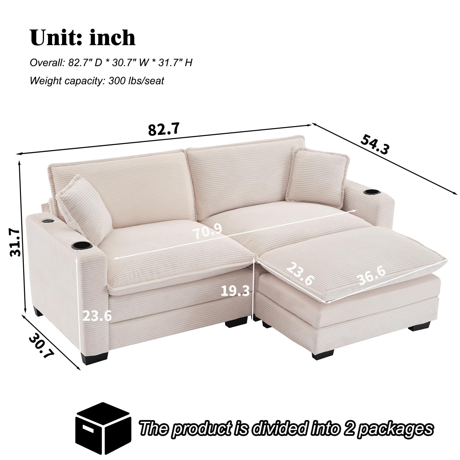 Neylory 82.7" Convertible Sectional Sofa, Cloud Couch L Shape Sofa Sleeper Loveseat with Ottoman & Cup Holder & USB Ports, Green Couch Corduroy Comfy Couches for Small Living Room, Apartment