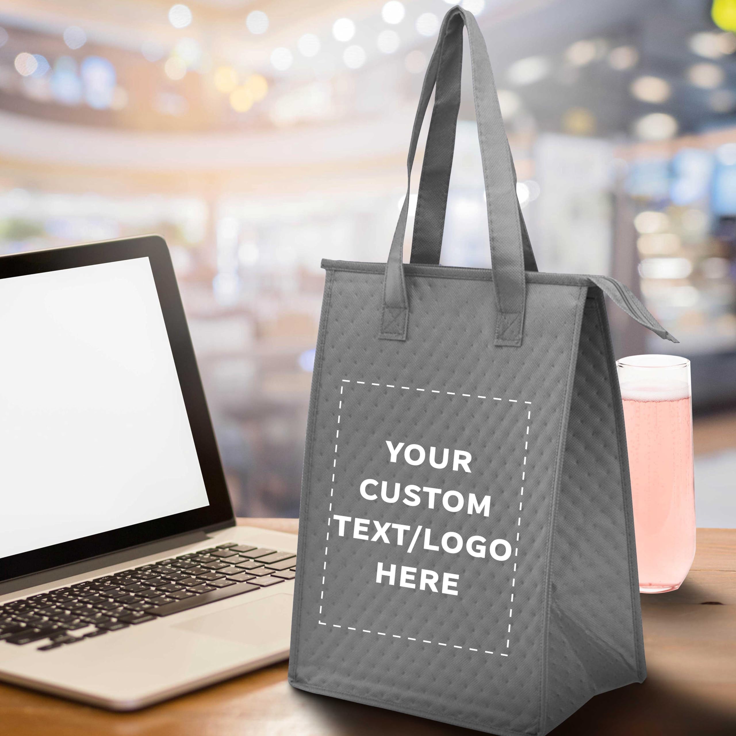Discount Promos Custom Zipper Insulated Lunch Tote Bags Set of 50, Grey, Unisex