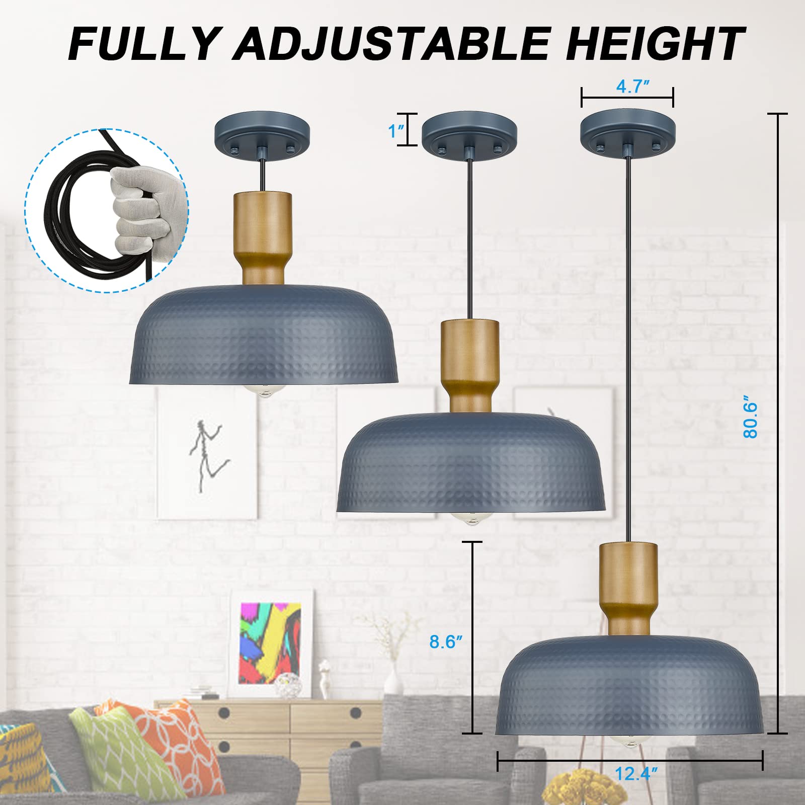 Darkaway Pendant Light Fixtures Ceiling Hanging with Hammered Metal Shade, Modern Pendant Light for Kitchen Island Lighting Hanging Lamp Adjustable Height, Medium
