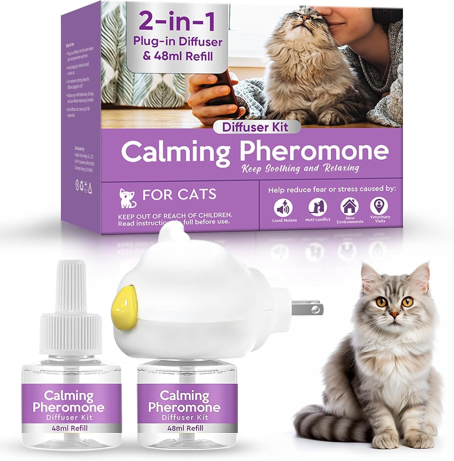 NHZ Cat Calming Diffuser, Release Sustained Pheromone, Reduce Cat Stress in New Environment, 60 Days Long Lasting - 1 Diffuser Head & 2 Pcs Vial