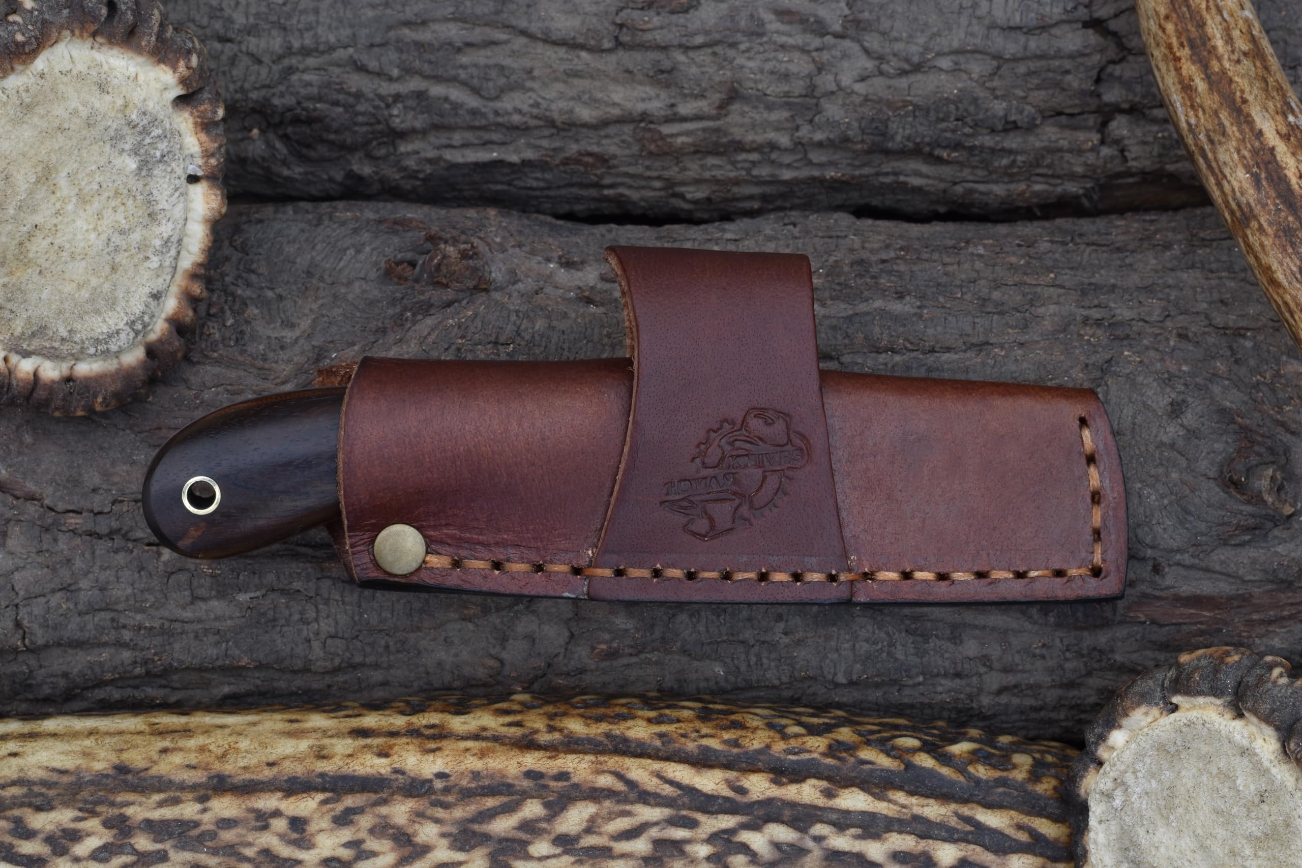 Knives Ranch Damascus Steel Small Castrator with Indian Rosewood Handle Dual Carry Vertical or Horizontal Cowboy Crossdraw Leather Sheath (3177-IRW)