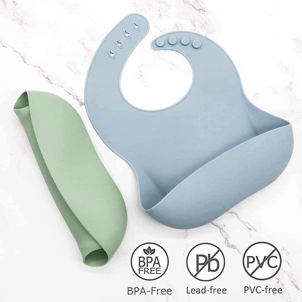 ILEYLUY Silicone Baby Bibs for Babies & Toddlers Set of 2, Feeding Bibs Unisex Soft Adjustable Waterproof BPA Free(Grey,Bear)