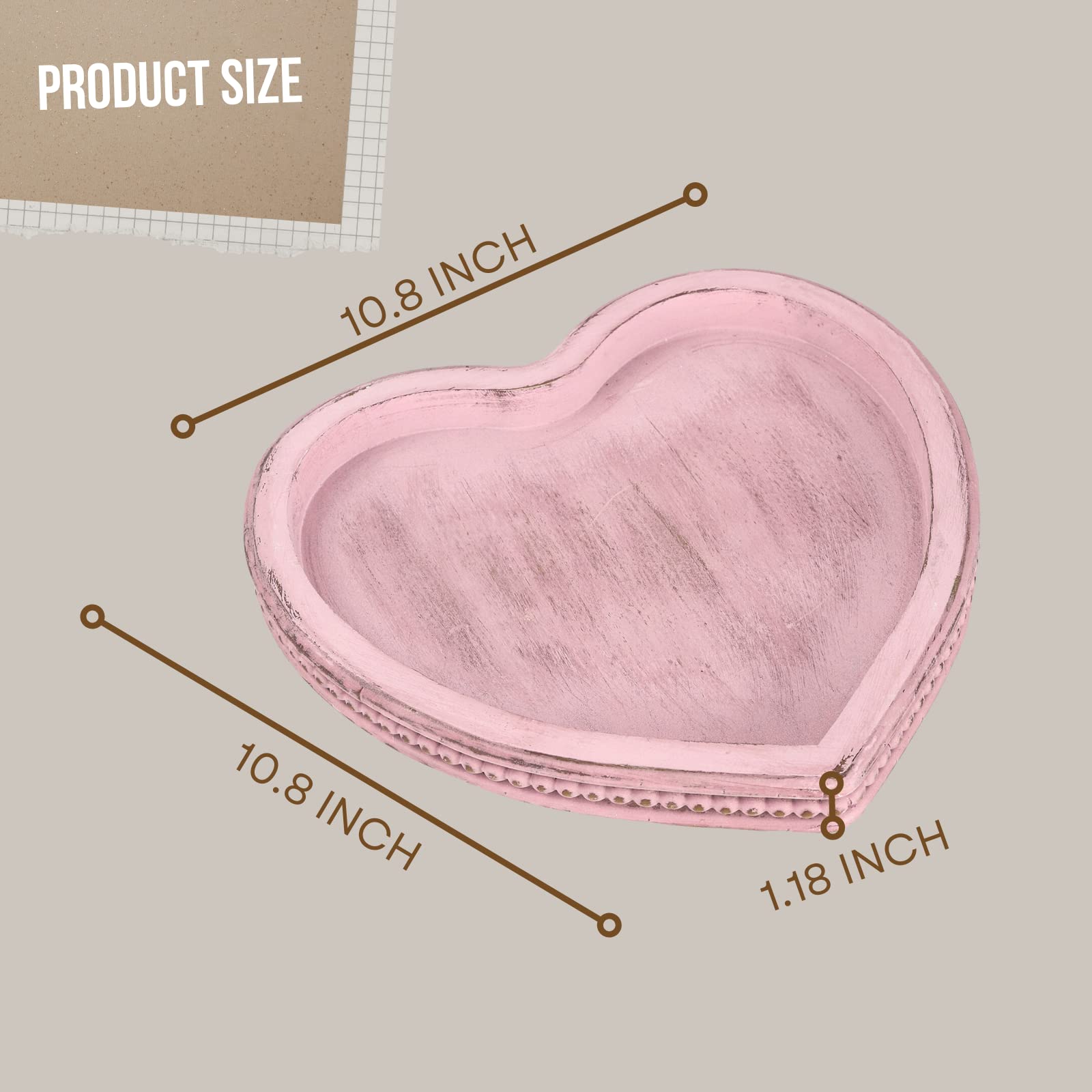 FESTWIND Heart Shaped Decorative Tray, Wooden Tray for Decor Coffee Table Dinning Table, Kitchen Island Decor Centerpiece, Farmhouse Tray Beaded Distressed Pink