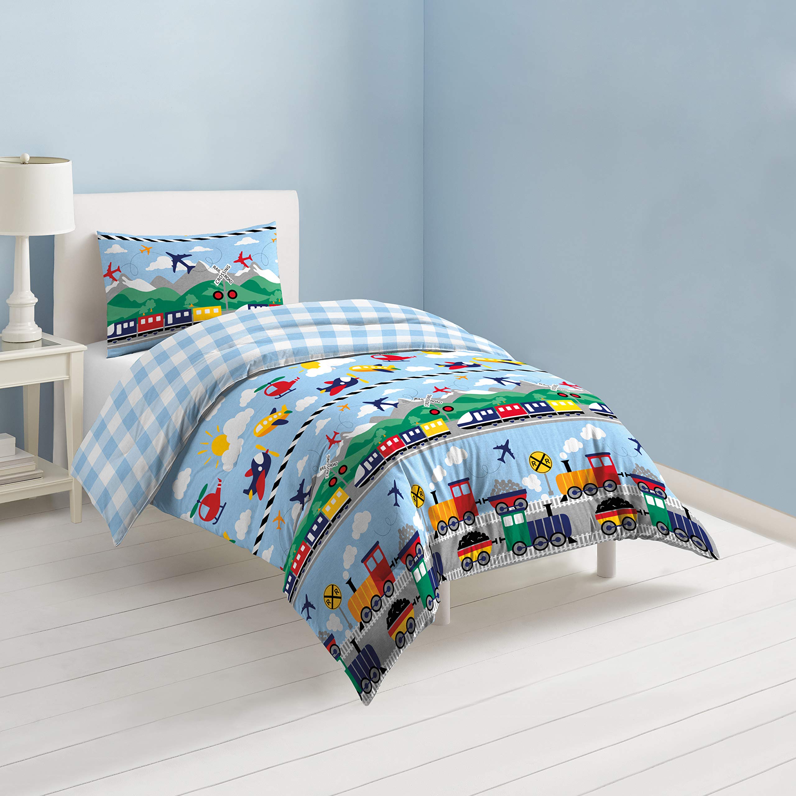 Dream Factory Kids 2-Piece Easy-Wash Super Soft Cotton Comforter and Pillow Sham Set, Twin, Blue Trains and Planes