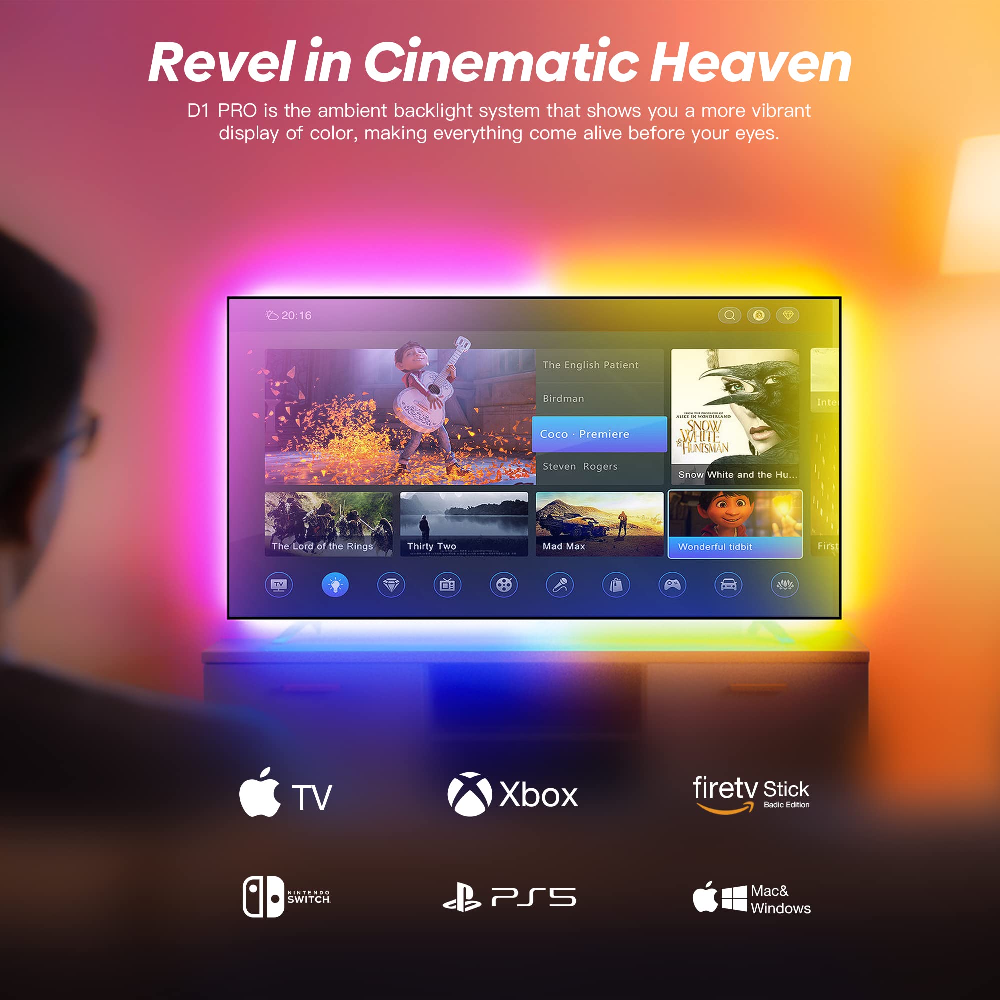 Immersion TV Backlight with HDMI 2.0 Sync Box, Kwumsy TV LED Lights That Sync with TV Real-time Ambient Lighting Strips for 55-70 Inch TV, 15 Lighting Modes/4 HDMI Inputs/Handy Remote Control