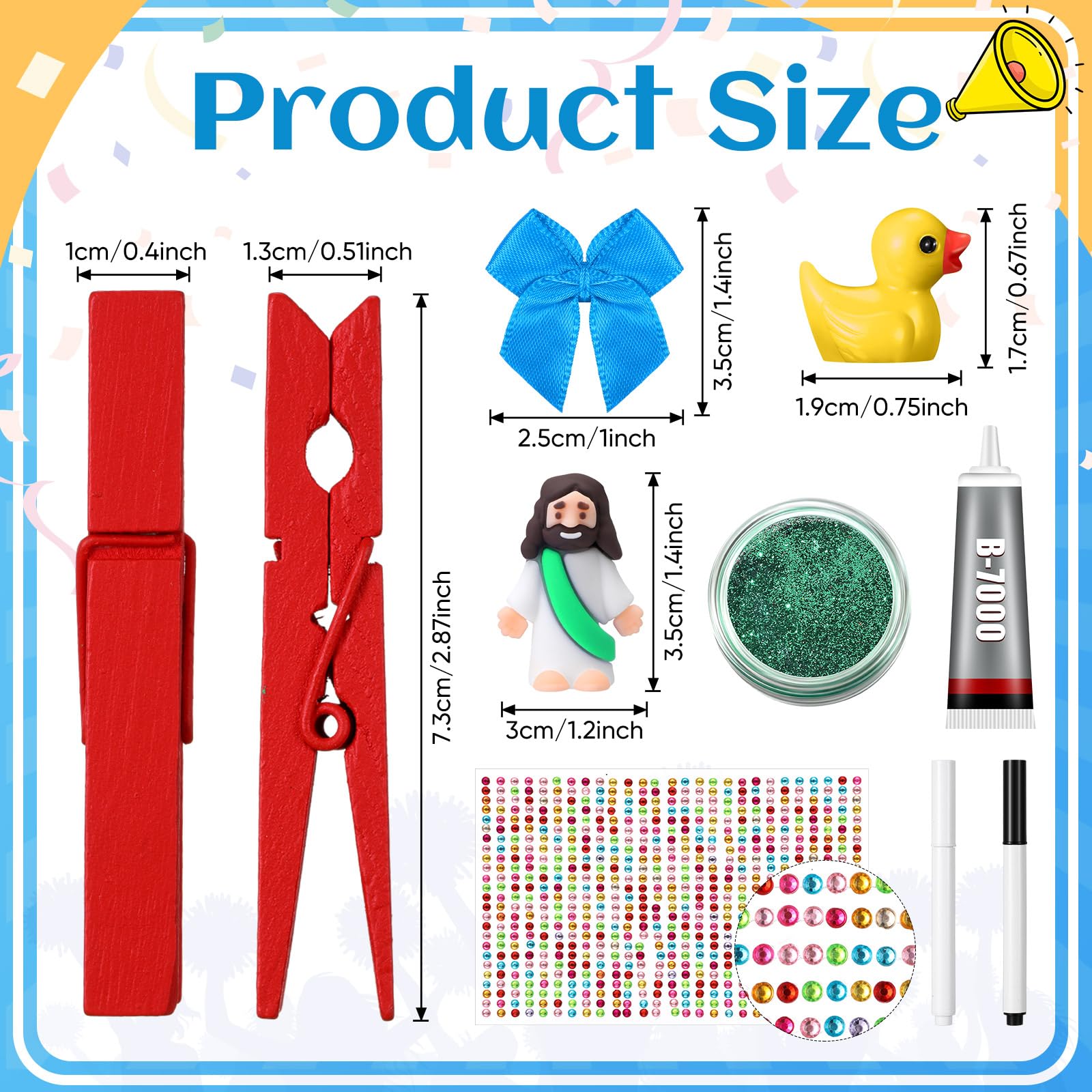 Halloscume 70 Pcs Cheer Pins Decorations Include 20 Cheer Pins, 10 Jesus Ornaments, 10 Mini Ducks, 20 Mini Bows, 6 Sequin Pearl Powder, 1 Rhinestone Stickers, 2 Water Based Pen, 1 Glue, Cheer Gifts