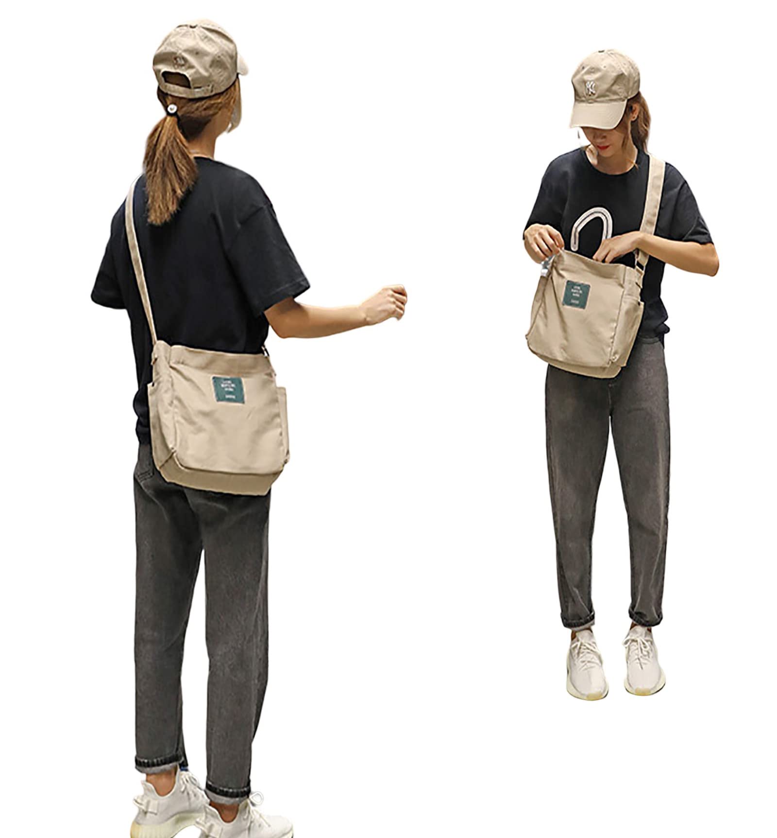 HAPPYHEIDI Women Small Canvas Tote Bag Handbag with Pockets, Zipper Closure, Crossbody Strap, for School Work Travel, Khaki