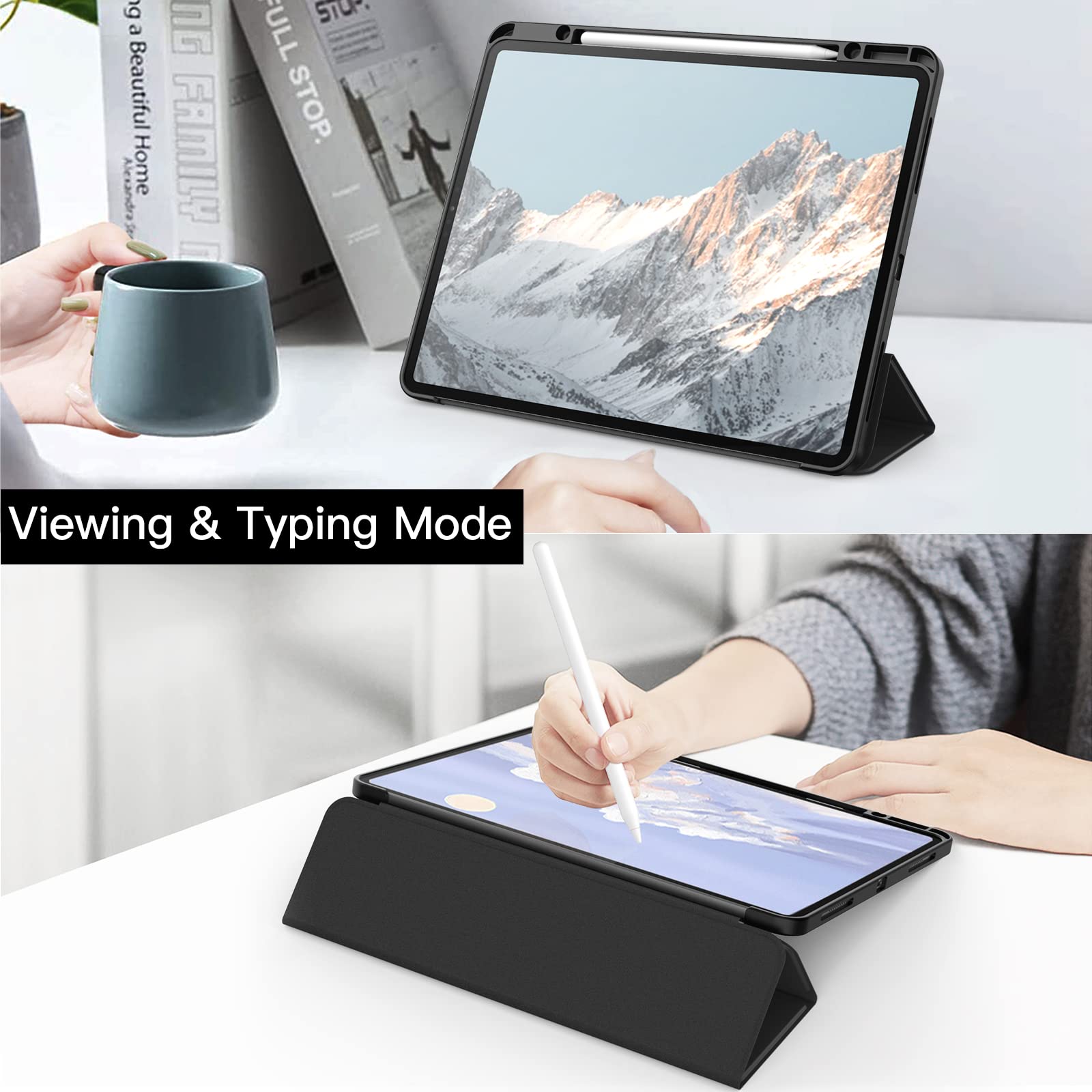 JETech Case for iPad Pro 12.9-Inch (2022/2021/2020/2018) with Pencil Holder, Clear Transparent Back Shell Slim Stand Shockproof Tablet Cover, Auto Wake/Sleep (Black)