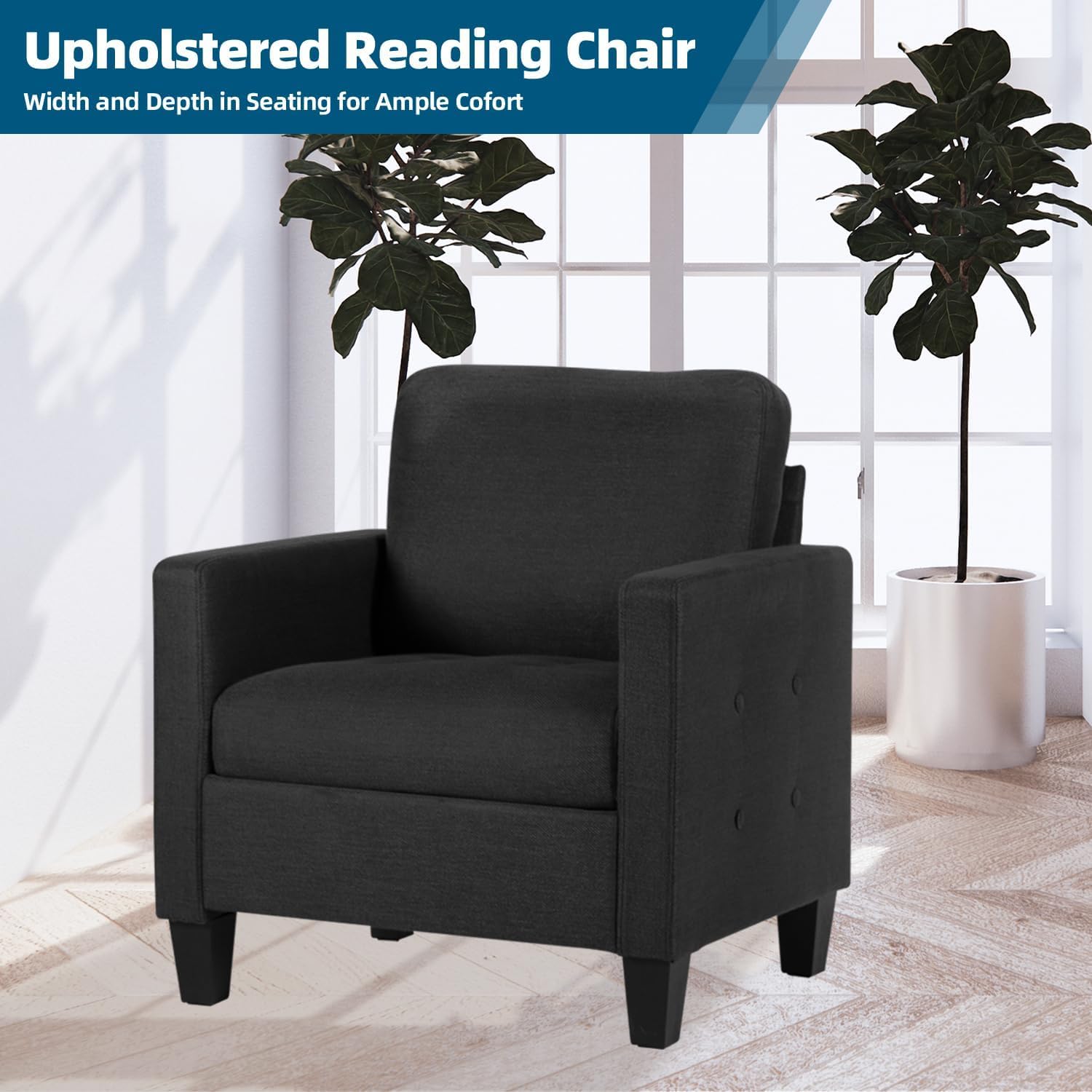 GRAVFORCE Mid Century Accent Chair, Fabric Armchair for Living Room, Upholstered Reading Chair, Modern Button Tufted Single Sofa with Lounge Seat for Bedroom, Office (Dark Grey)