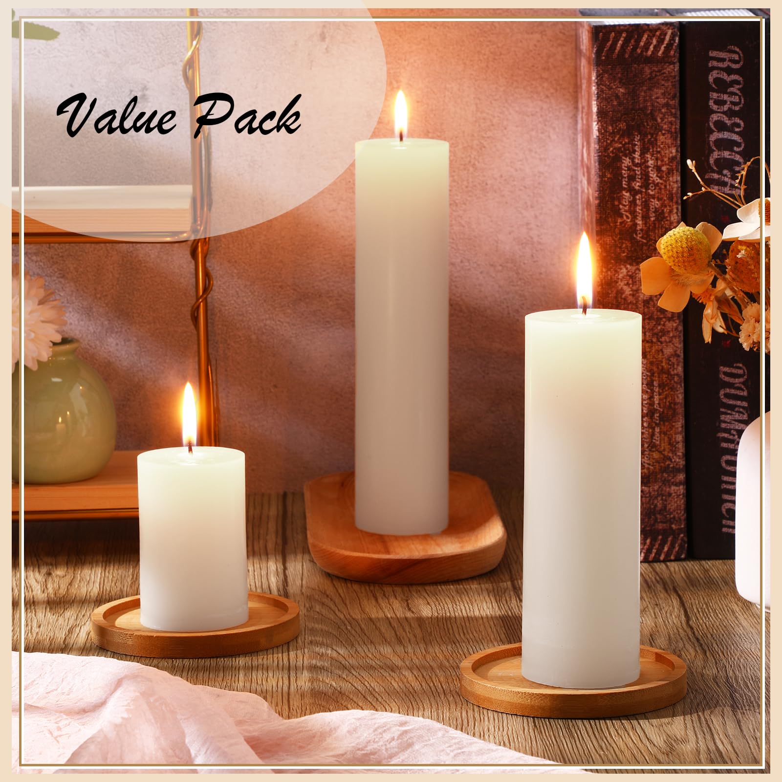 Nuogo 24 Pcs Ivory Pillar Candles Bulk Set of 3 Long Burning Wax Pillar Candles 2 in x 3, 6, 8 Inch Dripless Unscented Smokeless Candles for Wedding Party Spa Lantern Fireplace Home