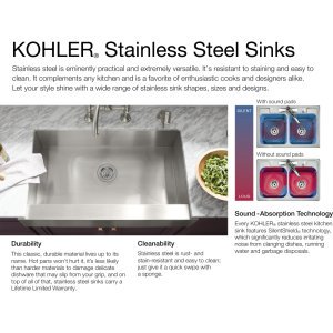 Kohler K-20060-4-NA Verse 33" x 22" Drop-in Single Bowl Kitchen Sink with Four Faucet Holes Stainless Steel, 33x22, Steel
