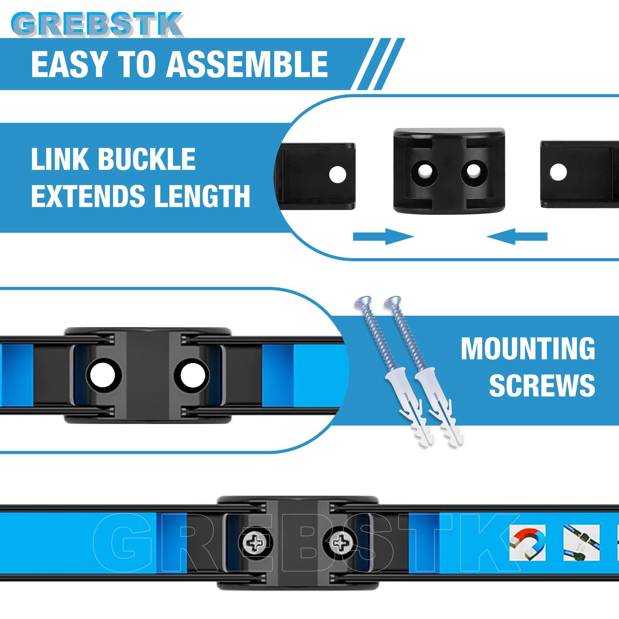 GREBSTK 18 IN Magnetic Tool Holder Strip Heavy Duty Magnetic Tool Bar Metal Tool Organizer Rack with Mounting Screws, 4PCS