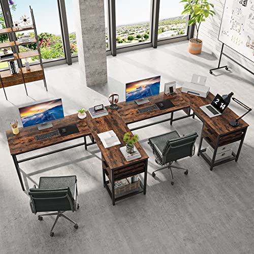 LITTLE TREE L Shaped Desk with Lift Top, Sit to Stand Corner Computer Desk with 2 Drawers, Height Adjustable Standing Desk with Storage Shelf for Home Office, Rustic Brown