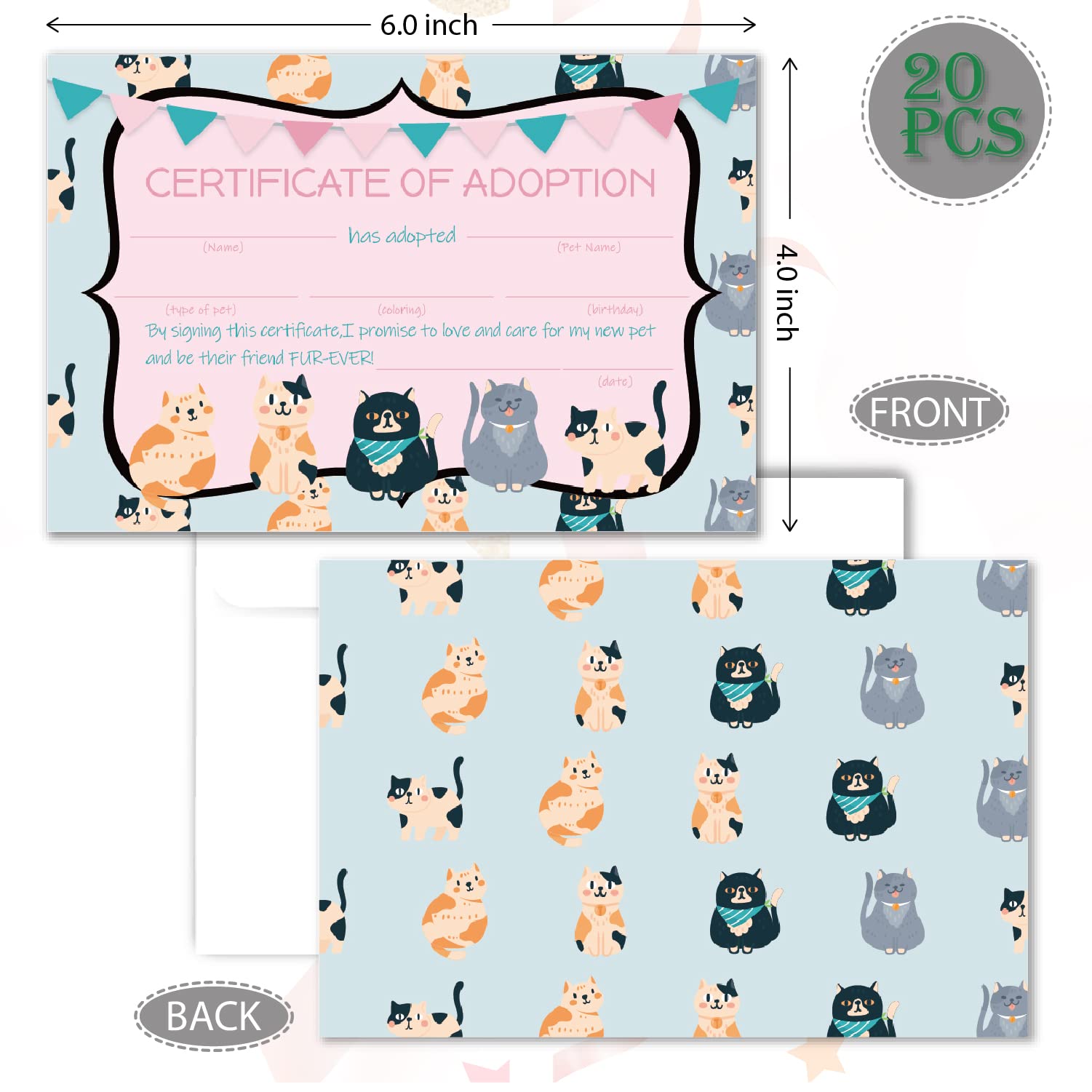 VNWEK Cat Adoption Certificate Party Invitations With Envelopes,Kitty Cat Double-sided Printed Birthday Party Invitation Invite Cards for Kids,Kitten Adoption Birthday Party Invites(20 Sets)