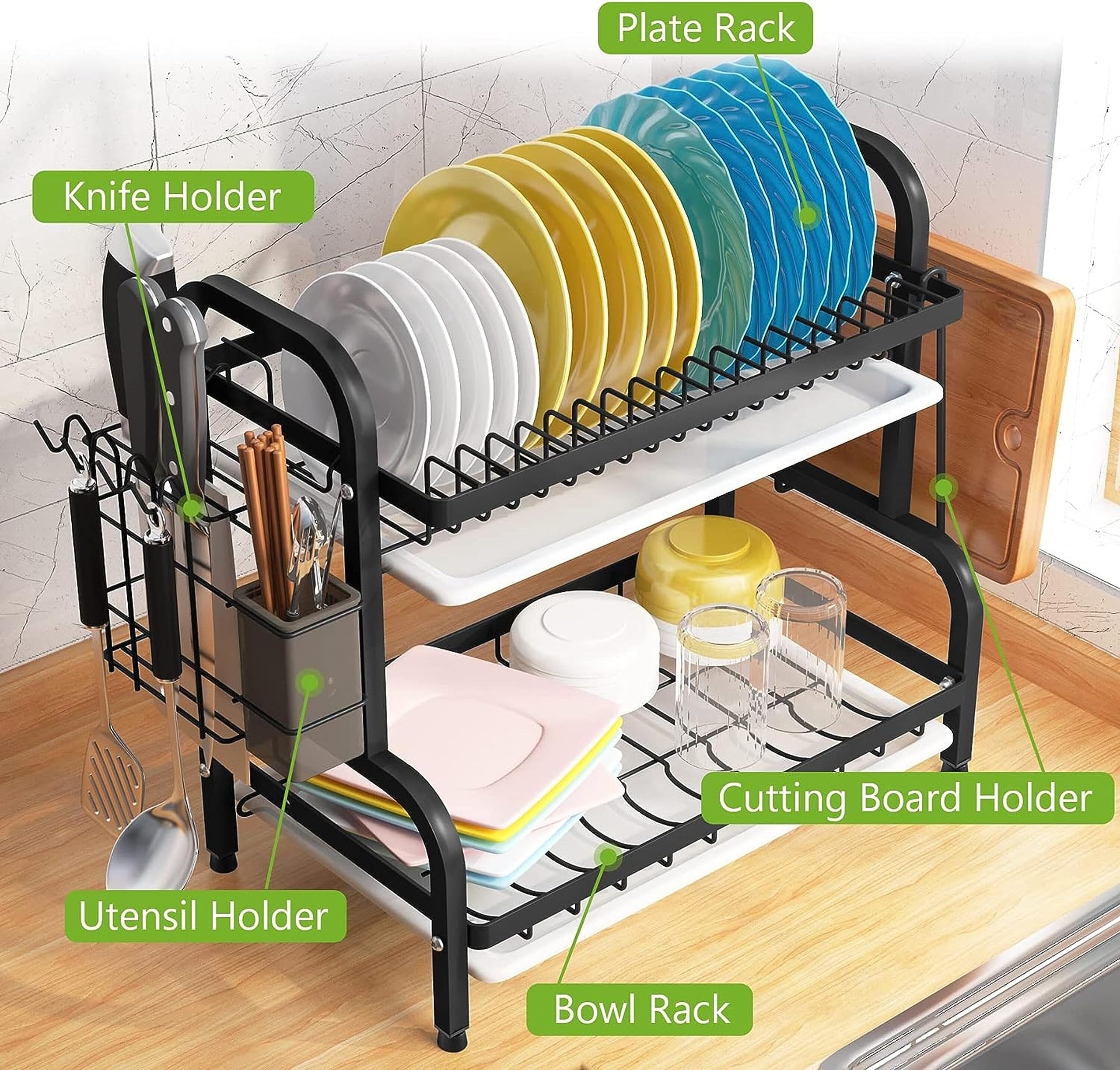 Dish Drainer, 2 Tier Stainless Steel Dish Drying Rack, Utensil Holder, Cutting Board Holder, Rust Proof Large Dish Drainer for Kitchen Counter, with Plastic Trays to Catch Drained Water
