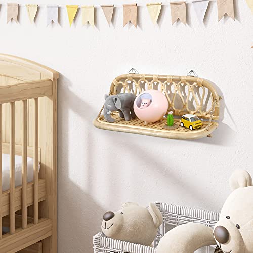 Mazjoaru Wall Shelves Rattan Shelf 16.5inch Handmade Boho Wall Decor Floating Rustic Decor for Bathroom Nursery Bedroom, Wall Mounted Natrual Rattan and Wood Storage Hanging Shelves