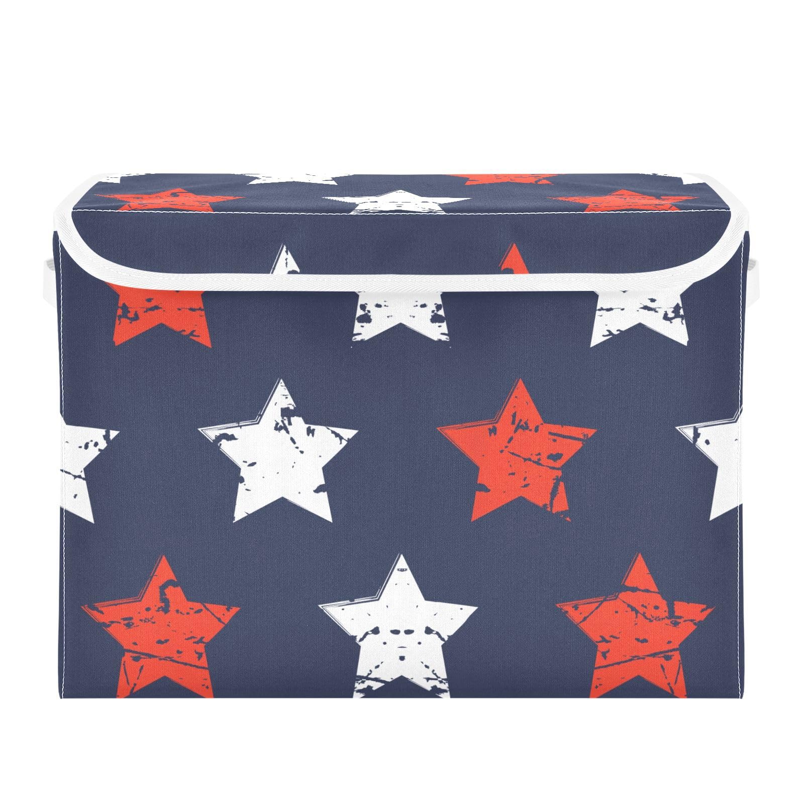 DOMIKING Stars Blue Red White Storage Basket with Lid Collapsible Storage Bins Decorative Lidded Storage Boxes for Toys Organizers with Handles for Shelves Clothes and Books