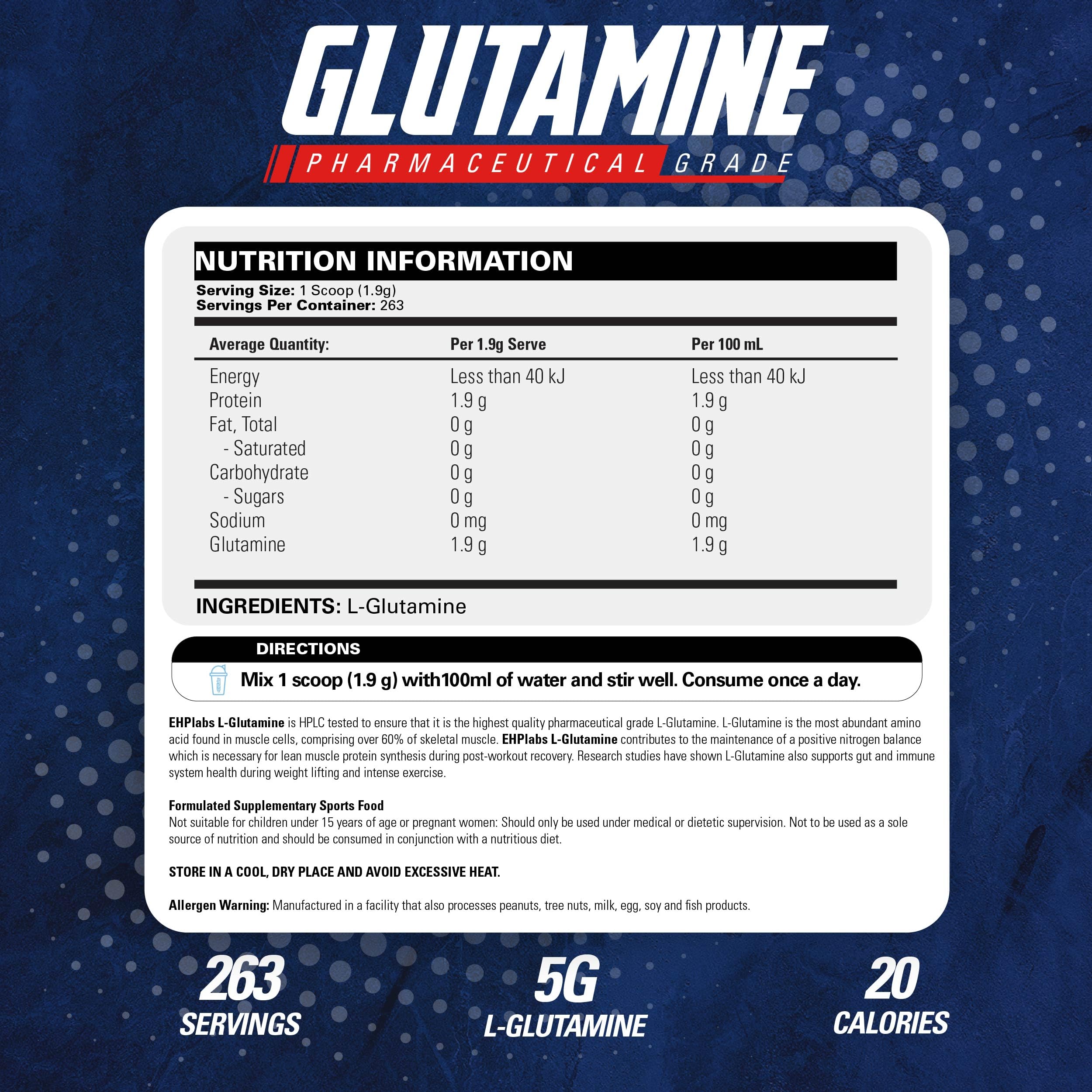 EHP Labs L Glutamine Powder Amino Acids - L-Glutamine, Workout Recovery, Immune Health & Gut Health Support (500g) - 100 Servings