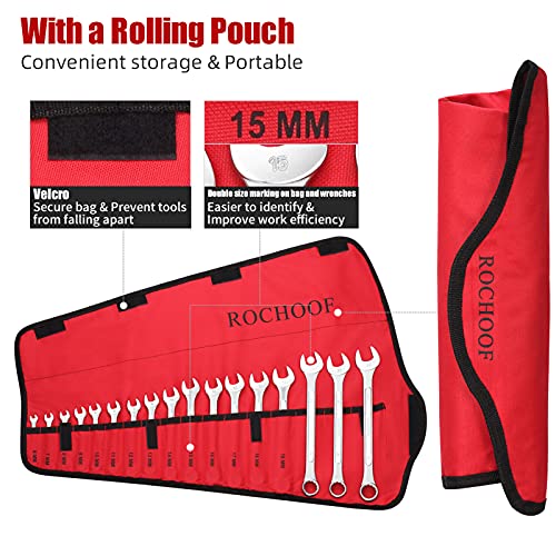 ROCHOOF Combination Wrench Set,33-Piece Chrome Vanadium Steel Wrench Set 12-Point SAE & Metric Wrenches 1/4"-1" and 6-22mm with Rolling Pouch