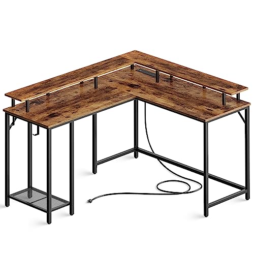 SUPERJARE L Shaped Computer Desk with Power Outlets & LED Lights, Gaming Desk with Monitor Stand & Storage Shelf, Home Office Desk Corner Desk with Hooks, Rustic Brown