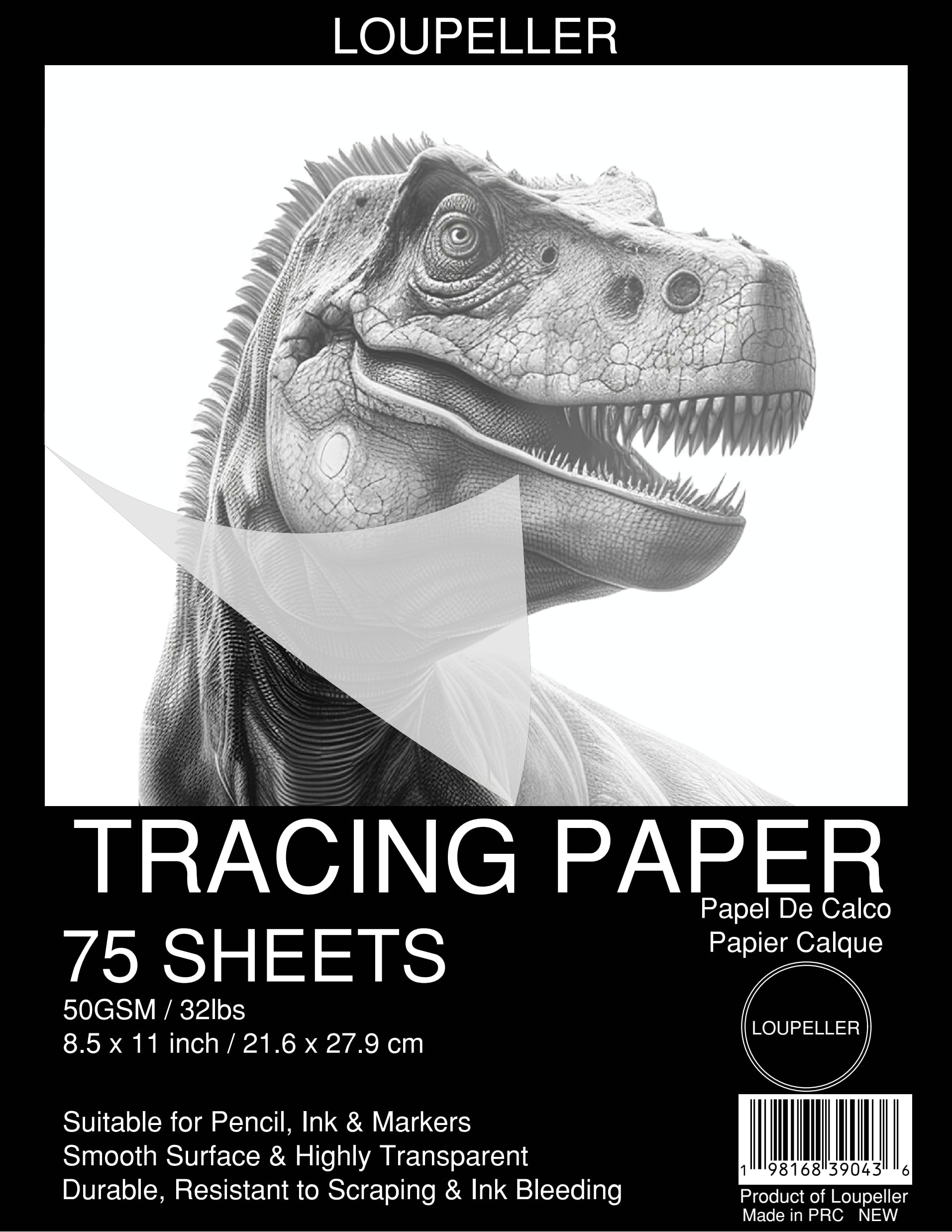 LOUPELLER 8.5” x 11” Tracing Paper for Drawing – 75 Sheets of 32lb / 50gsm – Wrinkle Free Highly Transparent Tracing Paper Pad – Works with Pen, Pencil & Marker – for Artists, Architects & Kids