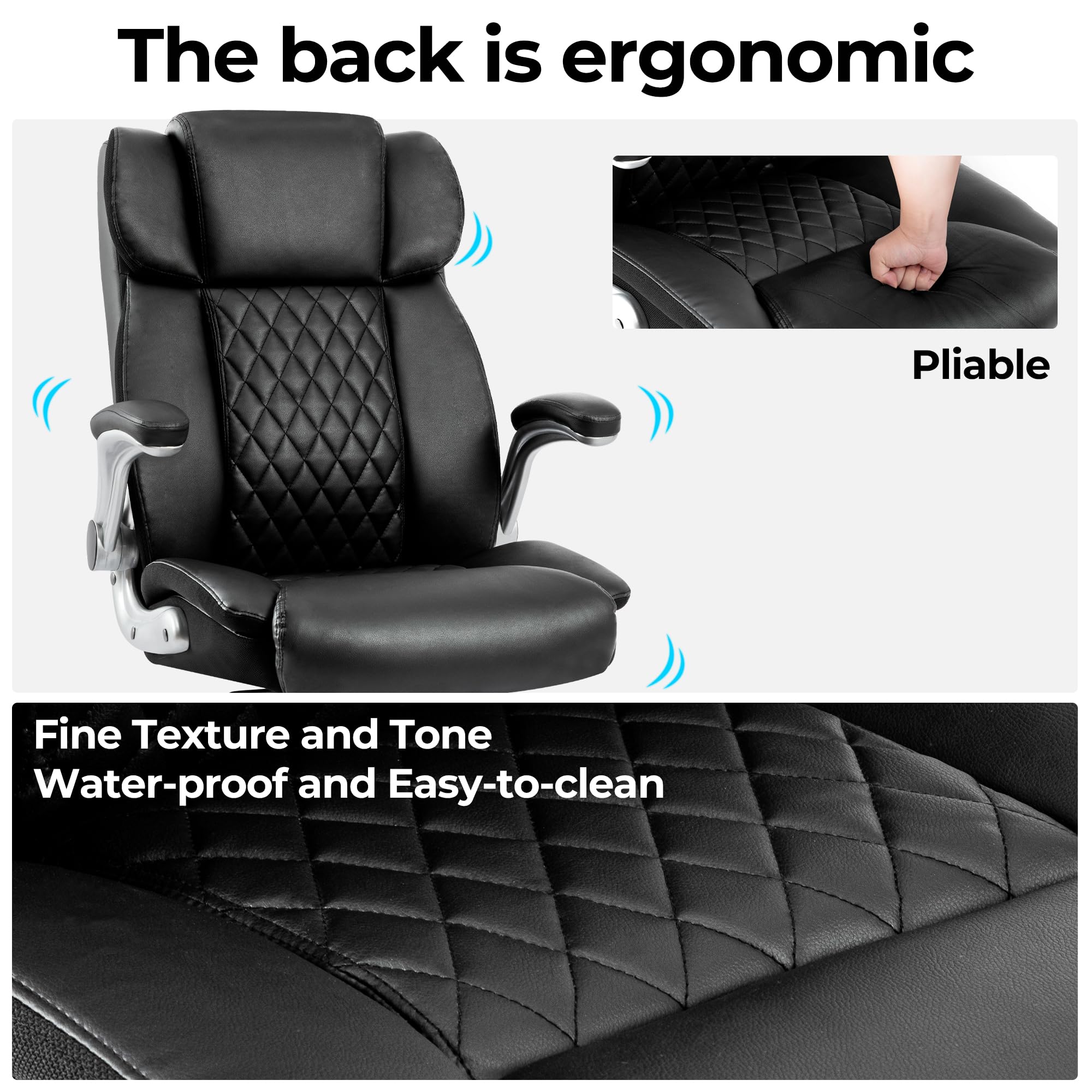 HOMYEDAMIC High Back Ergonomic Office Chair, Flip Arms Big & Tall Executive Swivel PU Bonded Leather Computer Chairs Adjustable Tilt Angle, Wide Thick Seat (7012-BK)