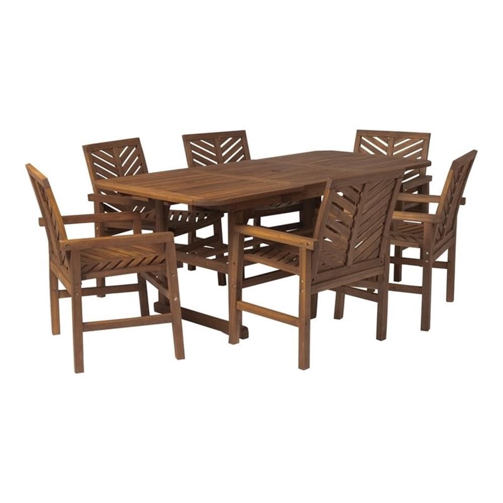 Walker Edison 6 Person Outdoor Wood Chevron Patio Furniture Dining Set Extendable Table Chairs All Weather Backyard Conversation Garden Poolside Balcony, 7 Piece, Dark Brown