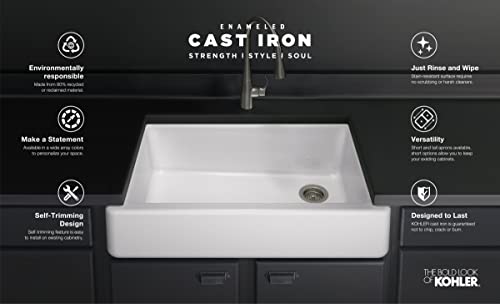 KOHLER K-6486-0 Whitehaven Farmhouse Self-Trimming Undermount Single-Bowl Kitchen Sink with Short Apron, 30 Inch, White