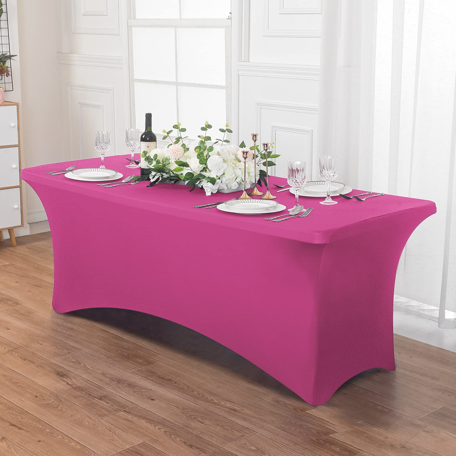 Indoor-Beauty Spandex Tablecloth 6FT Stretch Table Cover Fitted Rectangular Tables, Universal Stretch Patio Table Cloth for Wedding, Banquet, Party and Event(Fuchsia, 6FT