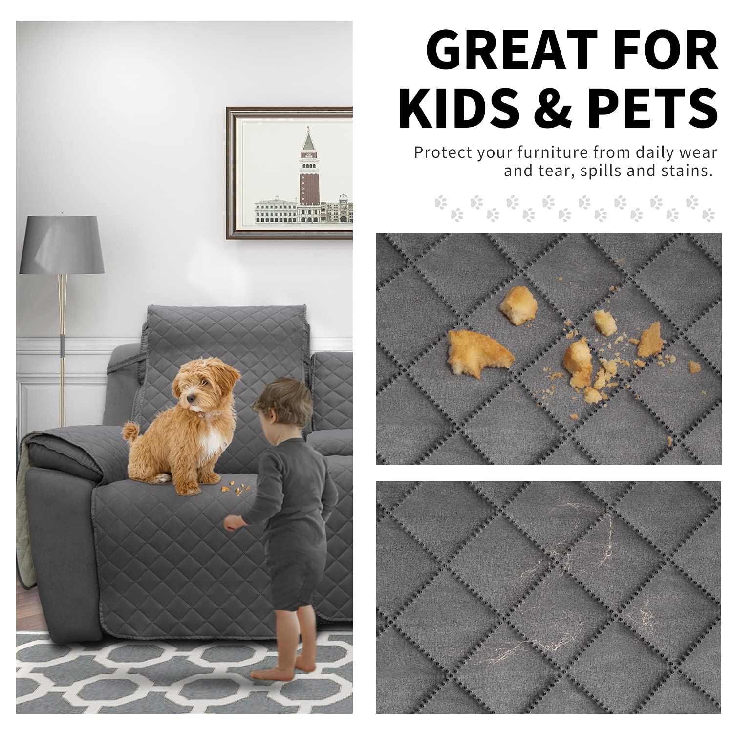Easy-Going Loveseat Recliner Cover with Console, Reversible Couch Cover for Living Room, Split Sofa Cover for Each Seat with Elastic Straps for Kids, Dogs, Pets(2 Seater, Gray/Light Gray)