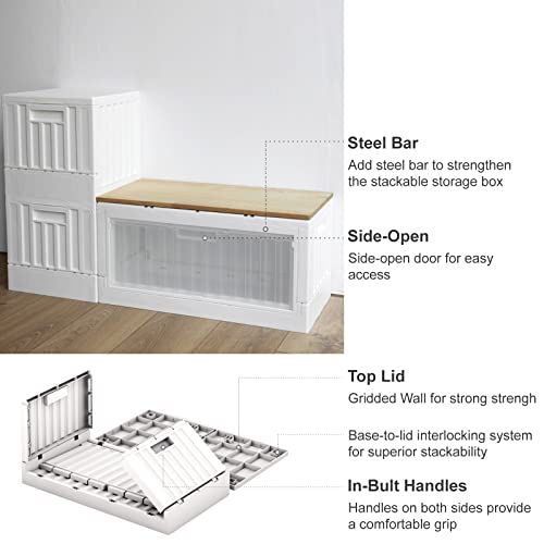 livinbox 45L collapsible storage bins with door, comic books container, dust-proof stack-able folding box for Home Office Bedroom Dorm Toys Bedding, white & transparent, FB-6432S-WTTR
