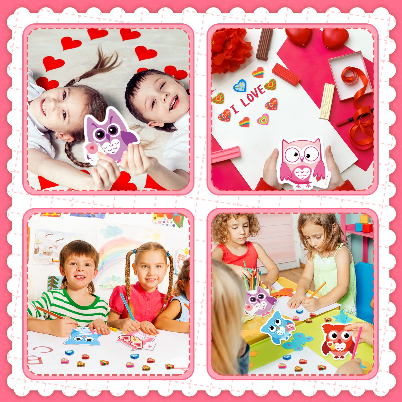 Gueevin 90 Pcs Valentine's Day Owl Craft Kits for Kids Include 30 Owl Valentine Day Card, 30 Heart Love Mini Erasers, 30 Dot Stickers DIY Craft for Teacher Student Classroom Activities Gift Exchange