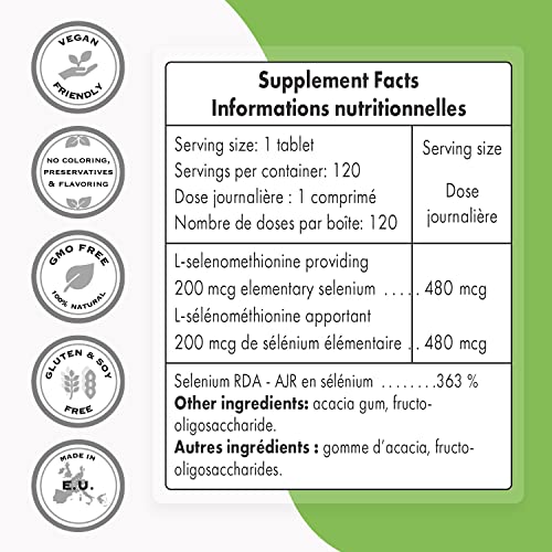 Supersmart - L-Selenomethionine 200 mcg per Day (Selenium Supplement) - Potent Antioxidant - Cells & DNA Protect - Immune Support | Non-GMO & Gluten Free - 120 Tablets