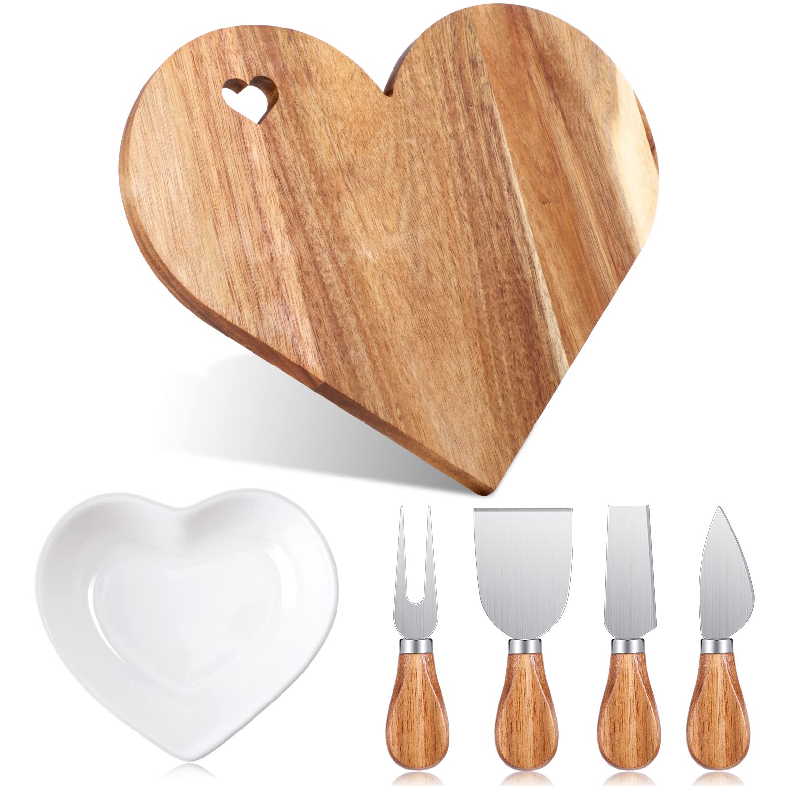 Irenare 6 Pcs Heart Shaped Charcuterie Board and Serving Set 12 x 10 x 0.6 Inch Acacia Wood Heart Shaped Cutting Board Cheese Serving Platter Heart Shaped Plates Ceramic Heart Bowl Cheese Knife Set