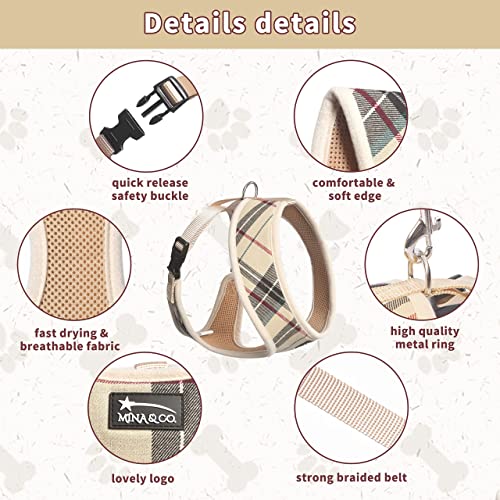 MINA&CO Dog Harness for Small Dogs No Pull - Adjustable Mesh Puppy Harness and Leash Set, Harness Medium Size Dog, Puppy Collar and Leash Set with Bandana & Poop Bag, Dog Vest Harness (Beige, XSmall)