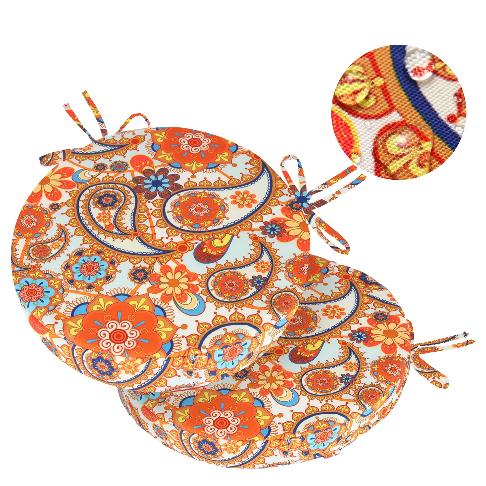 GUEGLSA Indoor Outdoor Round Chair Cushions 15 inch, Waterproof Bistro Seat Cushion with Ties ，Non Slip Circle Stool Chair Pads Set of 2, Orange Paisley