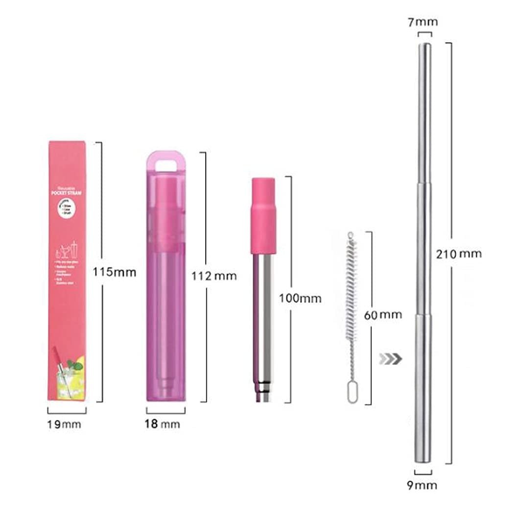 Hoshen Reusable Stainless Steel Telescopic Straw, Portable Straw, With Silicone Nozzle And Cleaning Brush (Original Box), Red,1 Piece