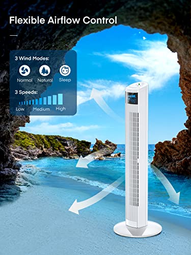 Tower Fan, 36 Inch Oscillating Fans with Remote, Sleep Mode and 12H Timer, Large LED Display, 6 Modes, Portable Stand up Floor Bladeless Fan for Bedroom Living Rooms and Office, White