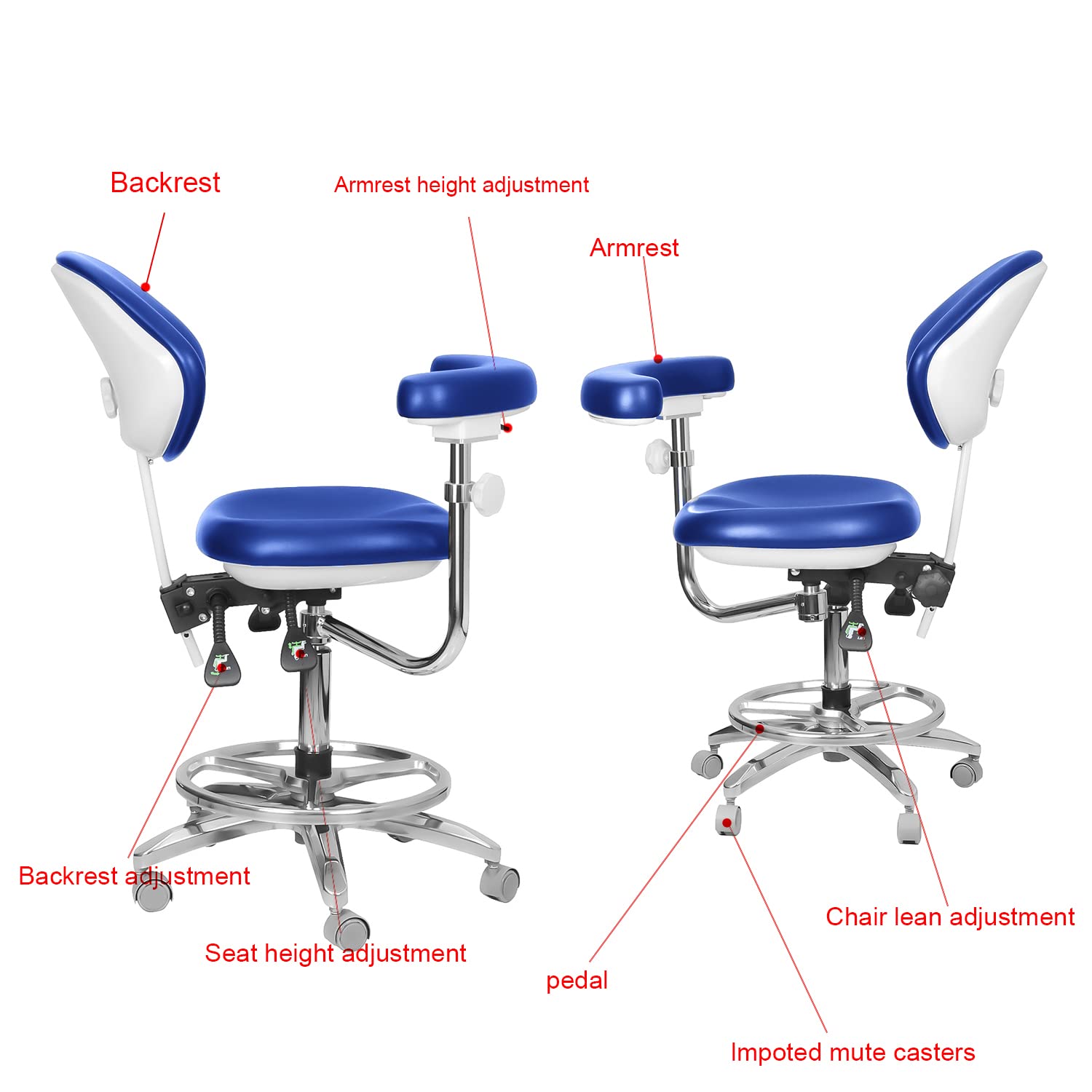 ORILAO Dental Chair 360 Degree Dentist Portable Mobile PU Leather Dentist Chair Rolling Stool with Back Support
