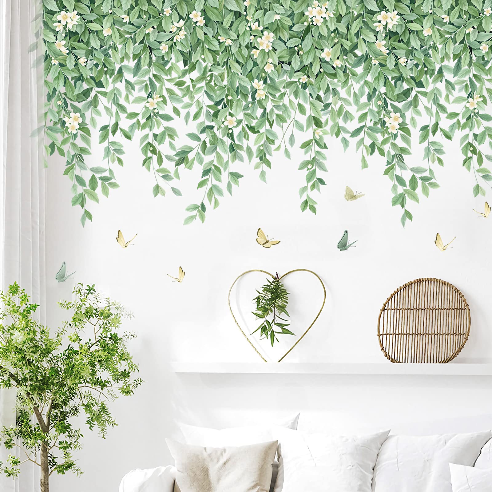 Green Leaves Wall Sticker Hanging Vine Wall Decals Watercolor Eucalyptus Leaf Wall Stickers Removable DIY Flowers Wall Decal for Living Room Bedroom