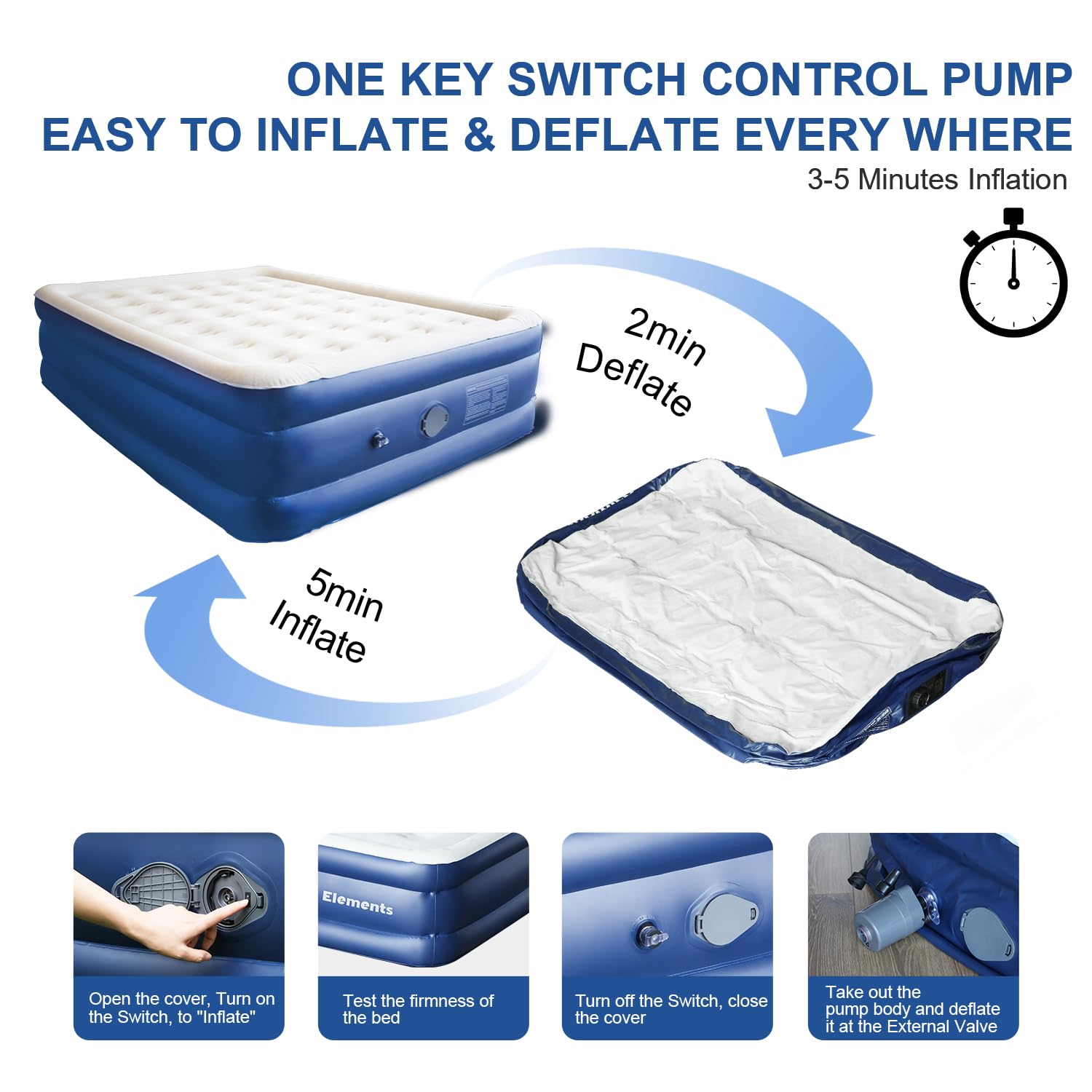 DREAMPUMP Comfy Elements Queen Air Mattress with Built-in Rechargeable Detachable Air Pump, 19”Thickness Queen Size Camping AirBed Waterproof Blow Up Inflatable Air Bed for Camping, Home & Guests
