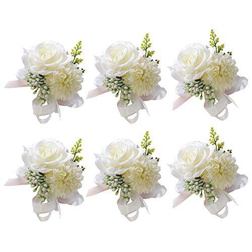 Surakey 6 Pieces Wrist Corsage Brooch for Wedding Ceremony for Bridesmaid Mother Grandmother for Bridal Shower Wedding Artificial Flower Rose Hand Wristlet Band Bracelet, Type 6 White