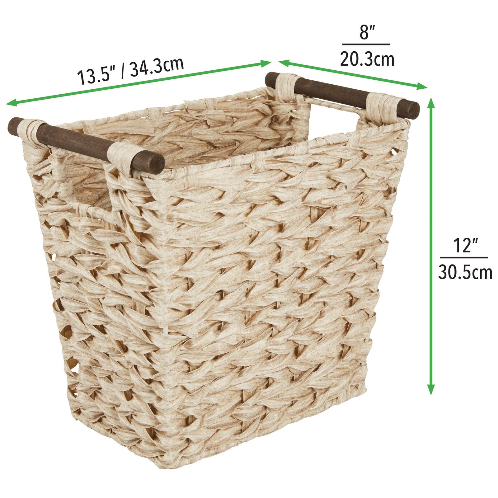 mDesign Small Woven Basket Trash Can Wastebasket - Rectangular Garbage Container Bin with Wood Handles for Bathrooms, Kitchens, Home Offices, Craft, Laundry, Utility Rooms - Natural/Dark Brown