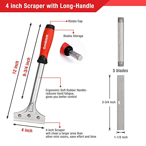 Goldblatt 2 Pieces Glass Scraper Set with 20-piece Blades - 4 Inch Industrial Floor Scraper Tool with Long-Handle, Heavy Duty Razor Holder for Cleaning Caulk, Paint, Glue on Glass, Tiles, Walls