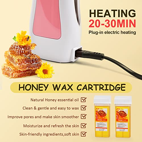 Roll On Wax Kit for Hair Removal, Honey Wax Roller Waxing Kit for Sensitive Skin at Home, Depilatory Soft Wax Warmer with 2 Cartridge Refill 10 Wax-removing wipes and 100pcs Wax Strips(Pink)