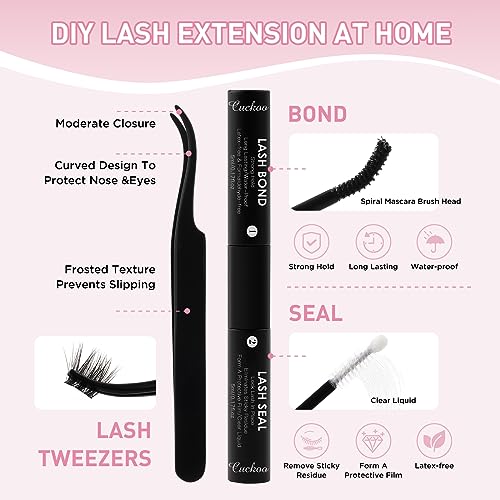 Cuckoo DIY Eyelash Extension Kit, 110 PCS DIY Cluster Eyelash Extension Kit With Lash Bond and Seal, Applicator Tool Lash Extensions Kit,9-16 Mix Lash Cluster Kit, 3D Cluster Eyelash Extensions Kit