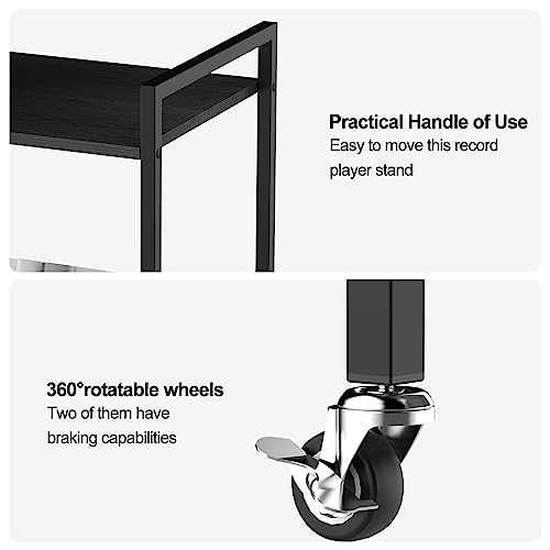 YBING Record Player Stand Black Record Player Table with Storage Up to 80 Albums Turntable Stand with Record Storage with Metal Frame and Wheels for Living Room Bedroom Office