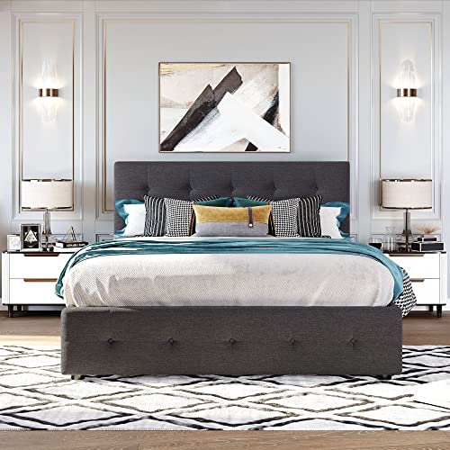 Queen Upholstered Platform Bed with 2 Storage Drawers and 1 Twin XL Trundle, Linen Fabric, Wood Bed Frame (Queen Size, Dark Gray)