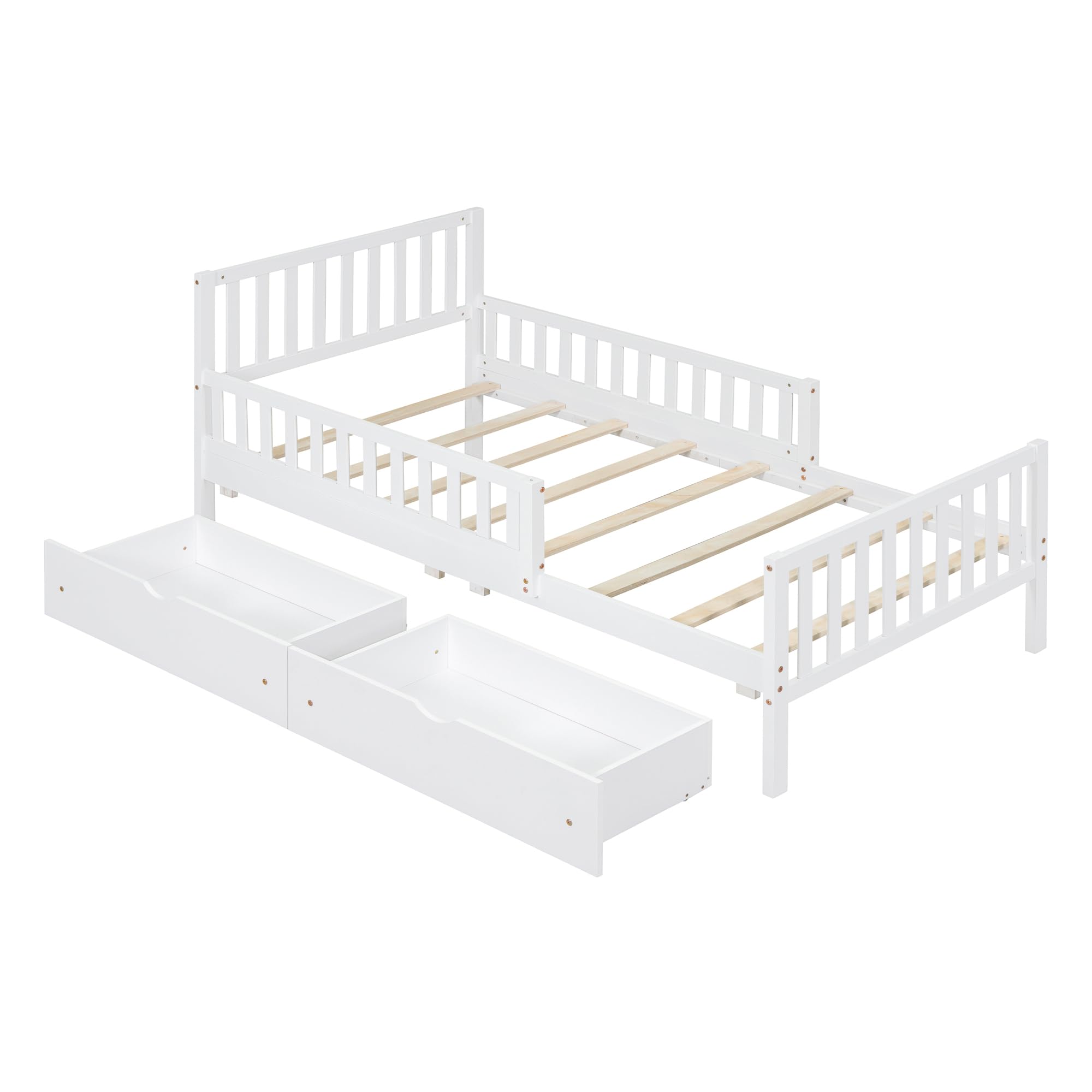 NCKMYB Kids Twin Bed with Guardrails, Low Platform Bed with Headboard and Footboard, White Children Bed Frame with 2 Drawers for Boy Girl